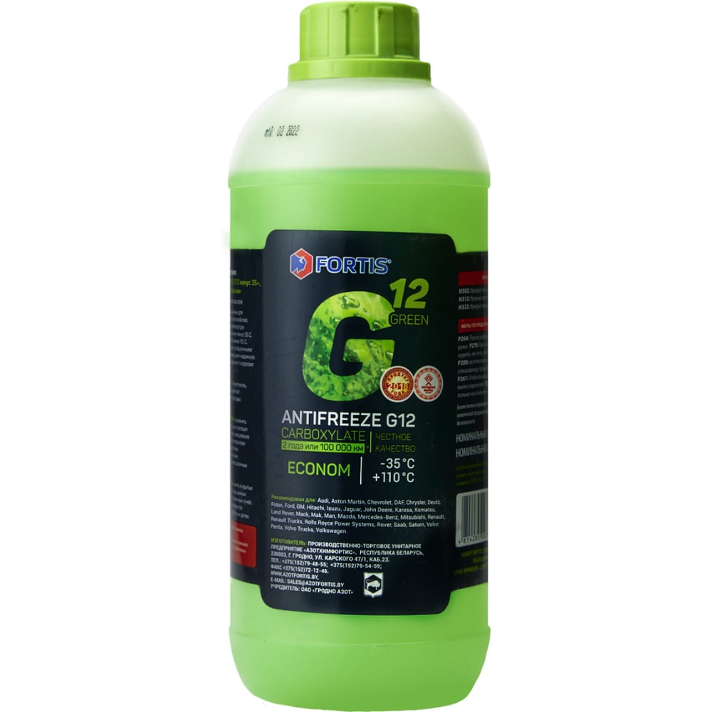 Антифриз FORTIS ANTIFREEZE G12 минус 35 "Эконом", упаковка 1 л п/эт бут по 1 кг по 940 мл, 18С20 ...