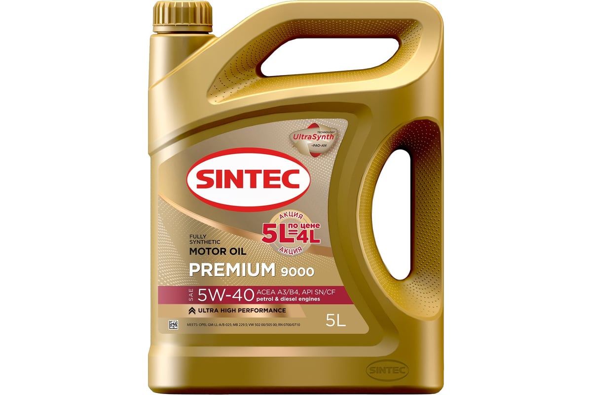 Масло Sintec Premium 9000 5w-40 a3/b4 sn/cf 5л акция 5л по цене 4л ...