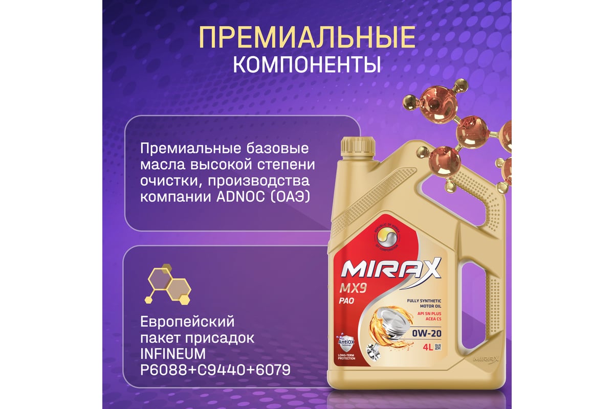 Моторное масло MIRAX mx9 синтетическое, SAE 0W-20, ACEA C5, API SN plus 607037 - выгодная цена ...