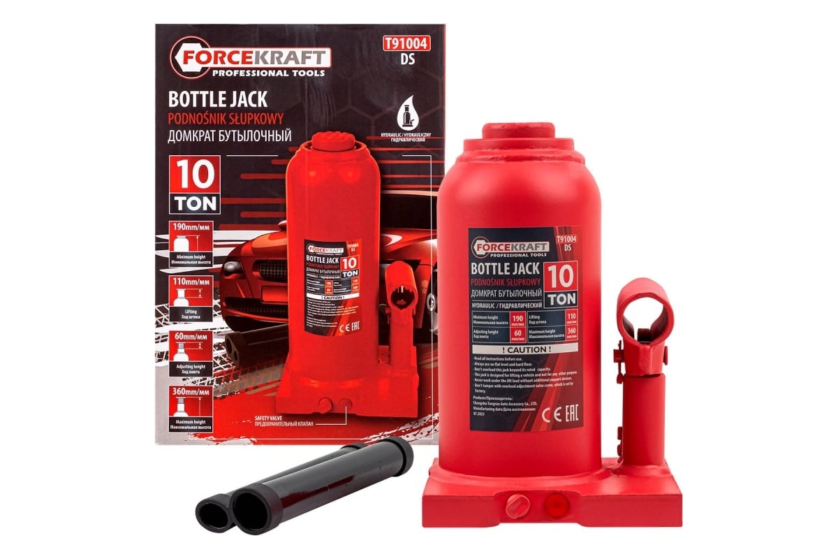 Гидравлический бутылочный домкрат Forcekraft 10т с предохранительным клапаном, минимальная ...