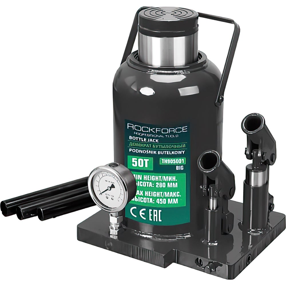 Домкрат бутылочный Rockforce 50т с манометром (h min-280мм, h max-450мм) RF-TH905001 BIG(57090 ...