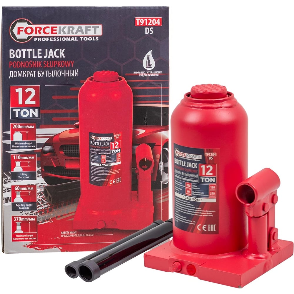 Бутылочный домкрат Forcekraft 12т с клапаном h min-217мм, h max-407мм FK-T91204 DS(26580 ...