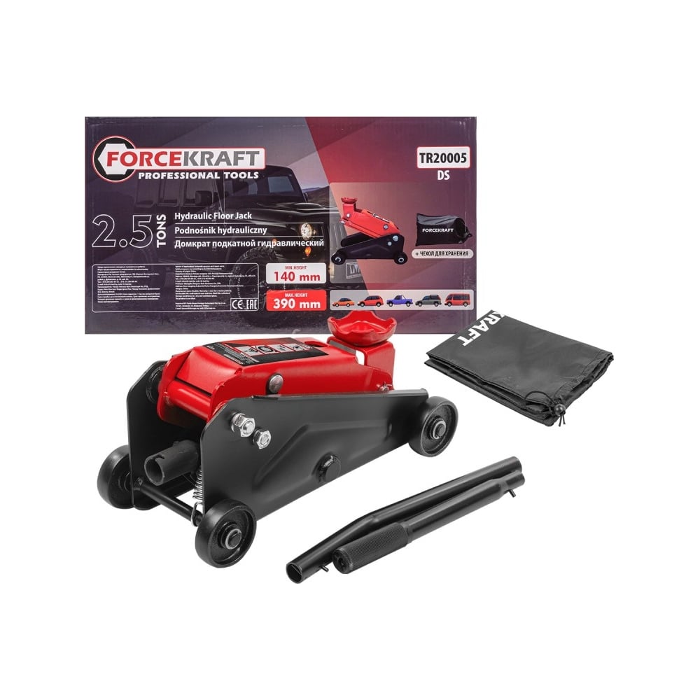 Подкатной гидравлический домкрат Forcekraft 2.5т (h min 140мм, h max 390мм) fk-tr20005 56481 ...