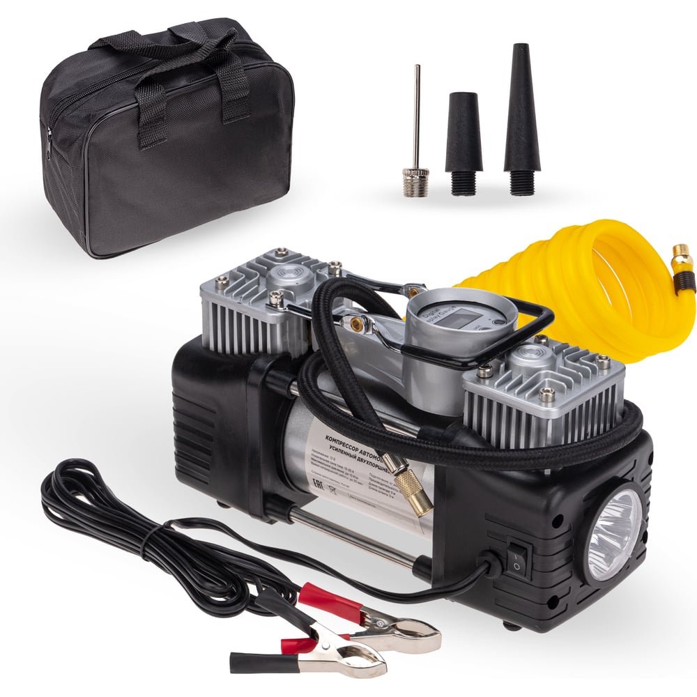 Автомобильный усиленный двухпоршневой компрессор REXANT с цифровым манометром и функцией ...