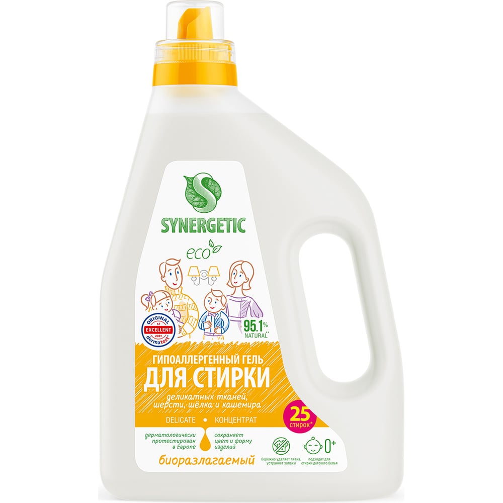 Биоразлагаемый концентрированный гель для стирки SYNERGETIC DELICATE, 1,5 л 25 стирок 109810 ...