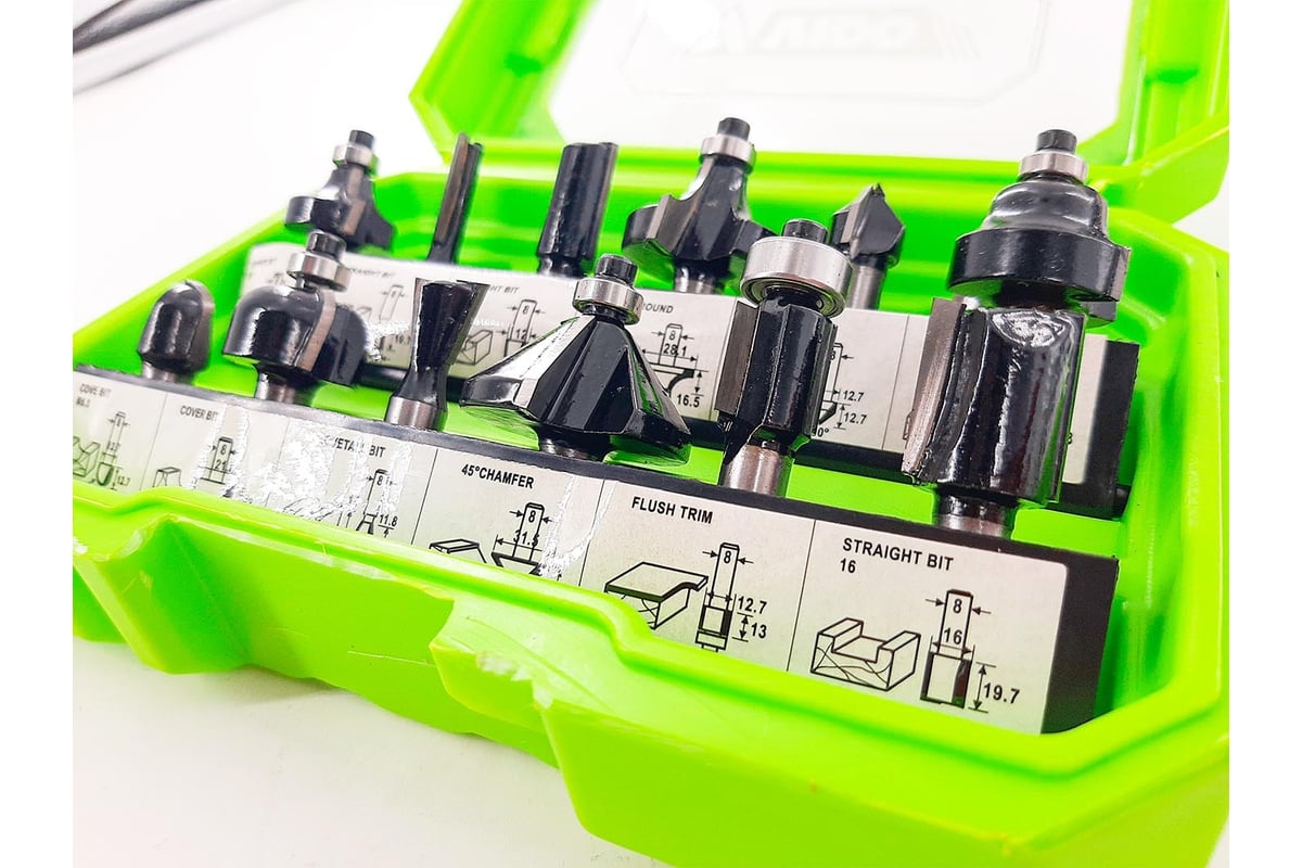 Набор фрез Vido 12 шт (пазовые, обгонные, галтель, калевка, ласточкин хвост, S=8 мм) Deltatools ...