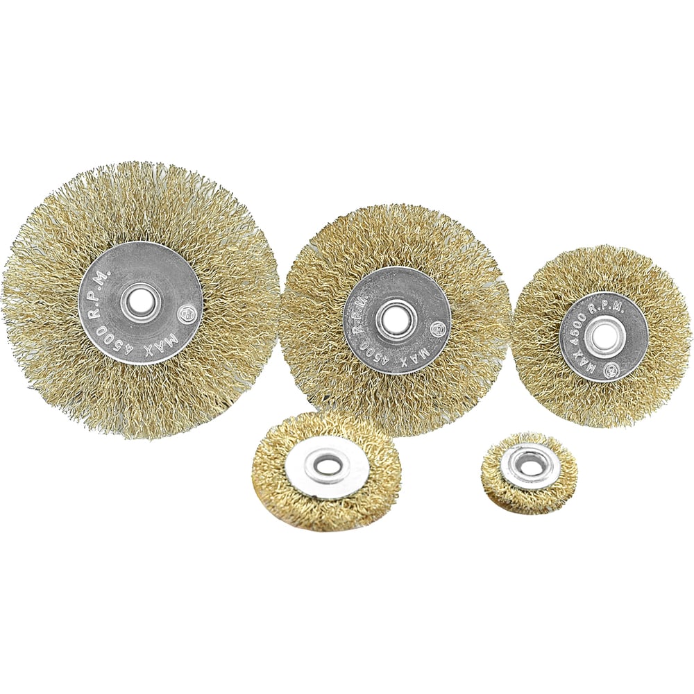 Набор щеток-крацовок со шпильками 5 шт, плоские 25, 38, 50, 63, 75 мм, латунированные Pobedit ...