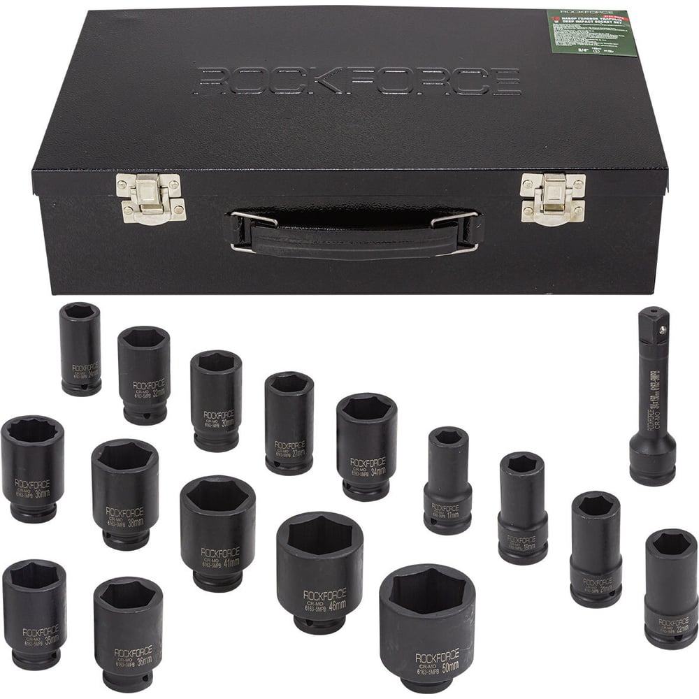 Набор головок ударных глубоких 6-гранных 16 предметов, 3/4"DR, в кейсе Rockforce RF-6163-5MPB ...