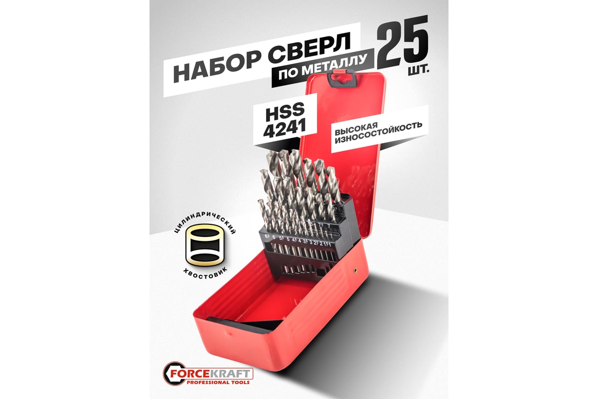 Набор сверл по металлу HSS 4241, 25 шт, 1-13 мм Forcekraft FK-924U25 ...