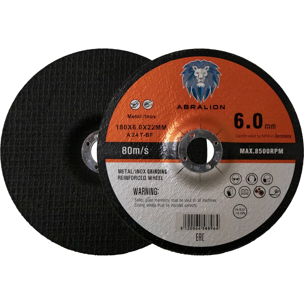 Диск обдирочный 180x6.0x22.23 мм, A24 T- BF металл/нерж. ABRALION 8964 ...