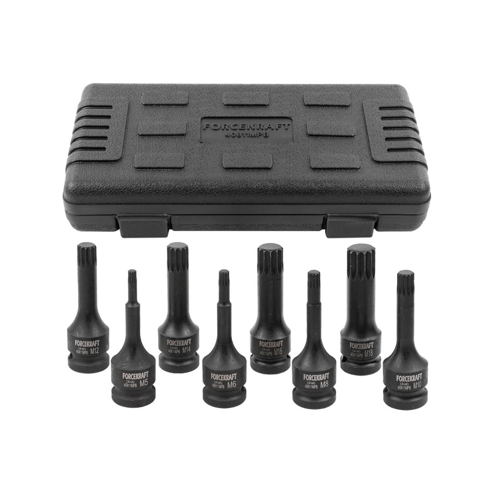 Набор головок-бит SPLINE ударных 8 шт, 1/2"DR, M5, M6, M8, M10, M12 ...