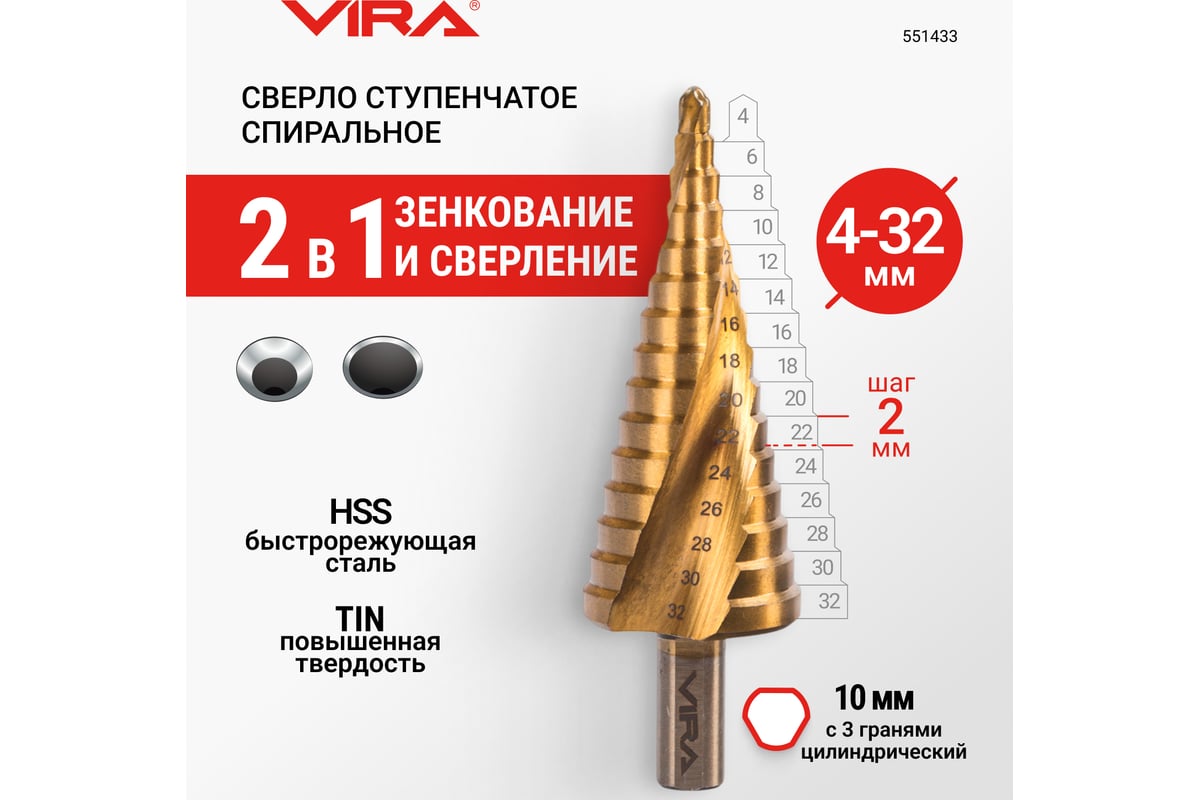 Сверло ступенчатое спиральное VIRA 4-32 мм 551433 - выгодная цена, отзывы, характеристики, фото ...