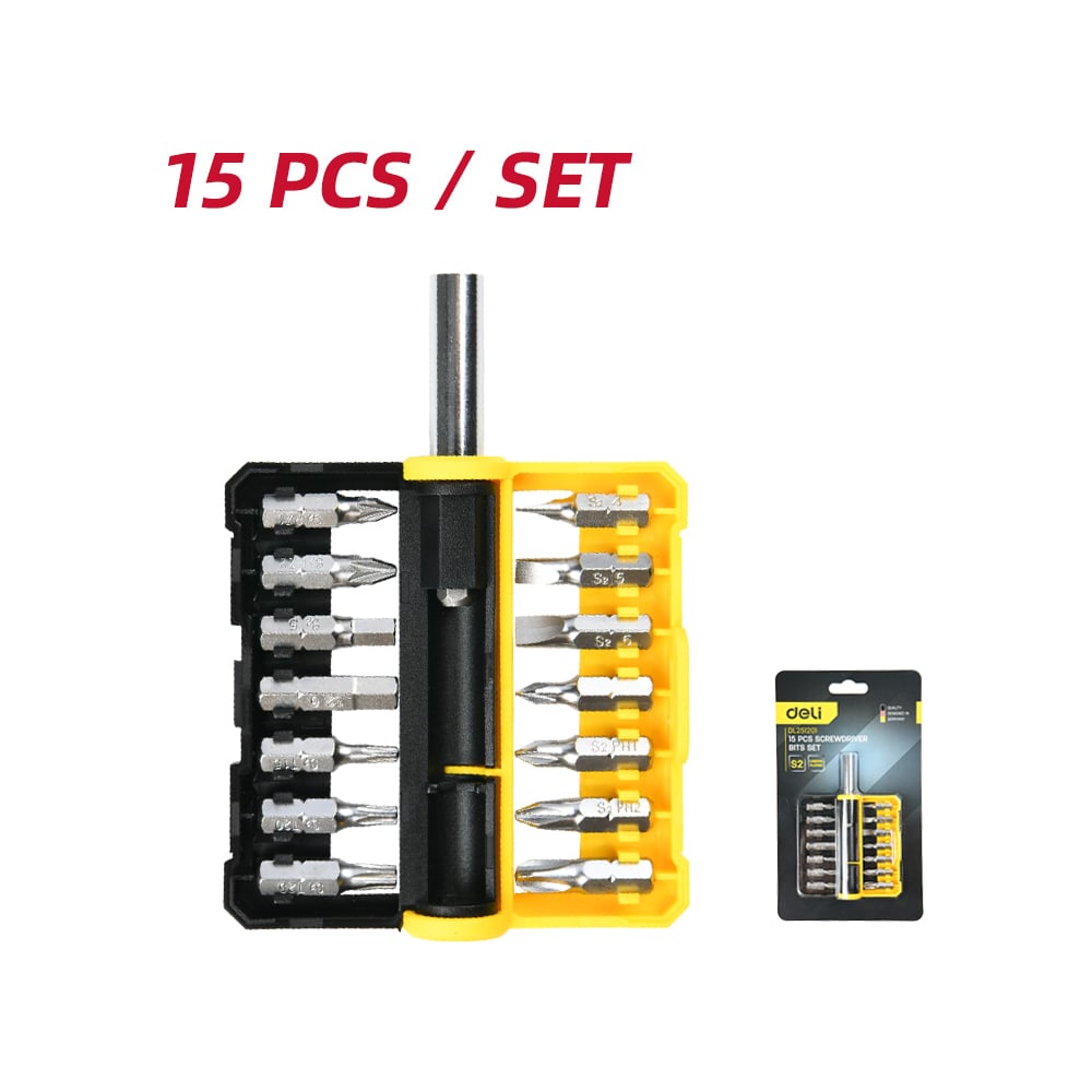 Набор бит DELI 14шт (SL4,SL5,SL6,PH0,PH1,PH2,PH3,T15,T20,T25,H5,H6,PZ1,PZ2), c держателем, сталь ...