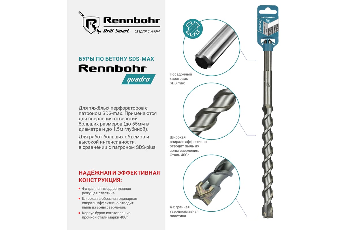Бур по бетону RENNBOHR Quadro SDS-Max 4 грани 25x540/415 мм 722554 ...