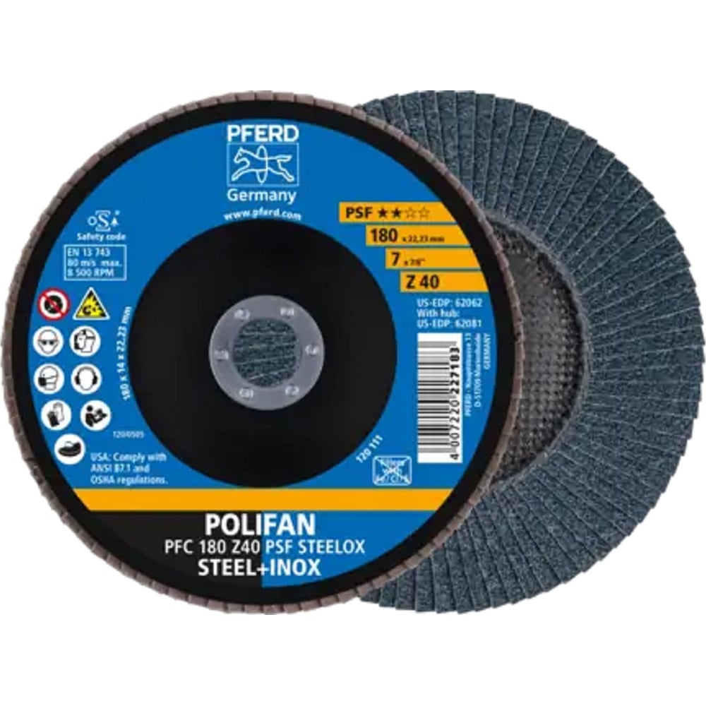 Круг шлифовальный лепестковый PFERD PFC 180 Z40 PSF STEELOX (377321 ...