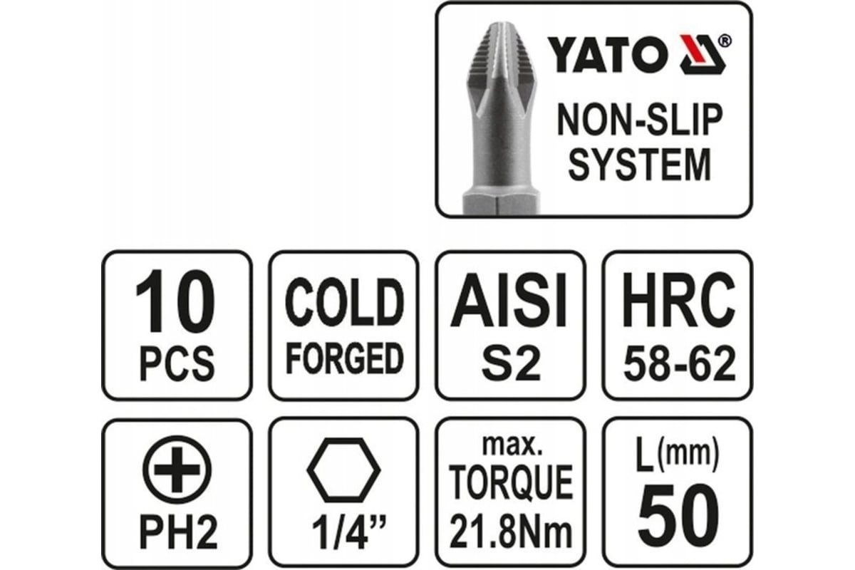Бита крестовая PН2, 1/4, 50 мм, 10 шт YATO YT-0478 - выгодная цена ...