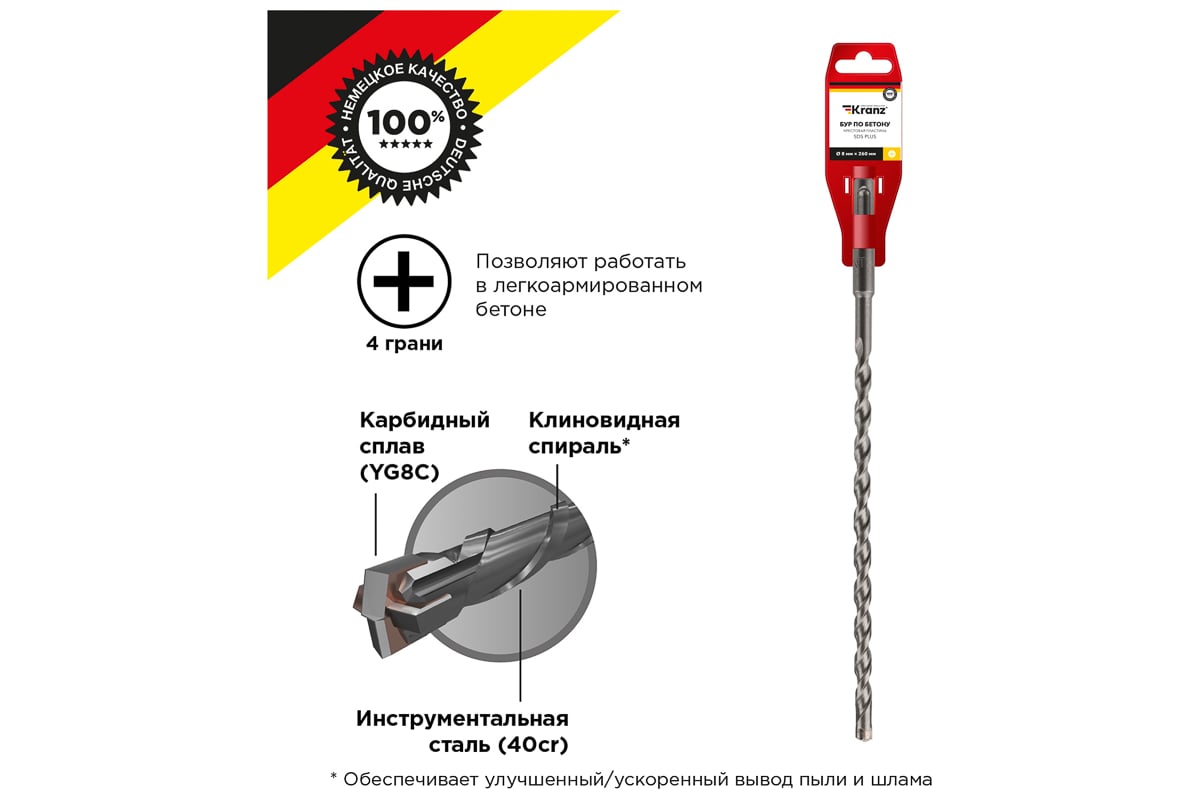Бур по бетону 8x260x200 мм 4 грани Sds Plus Kranz Kr 91 0808