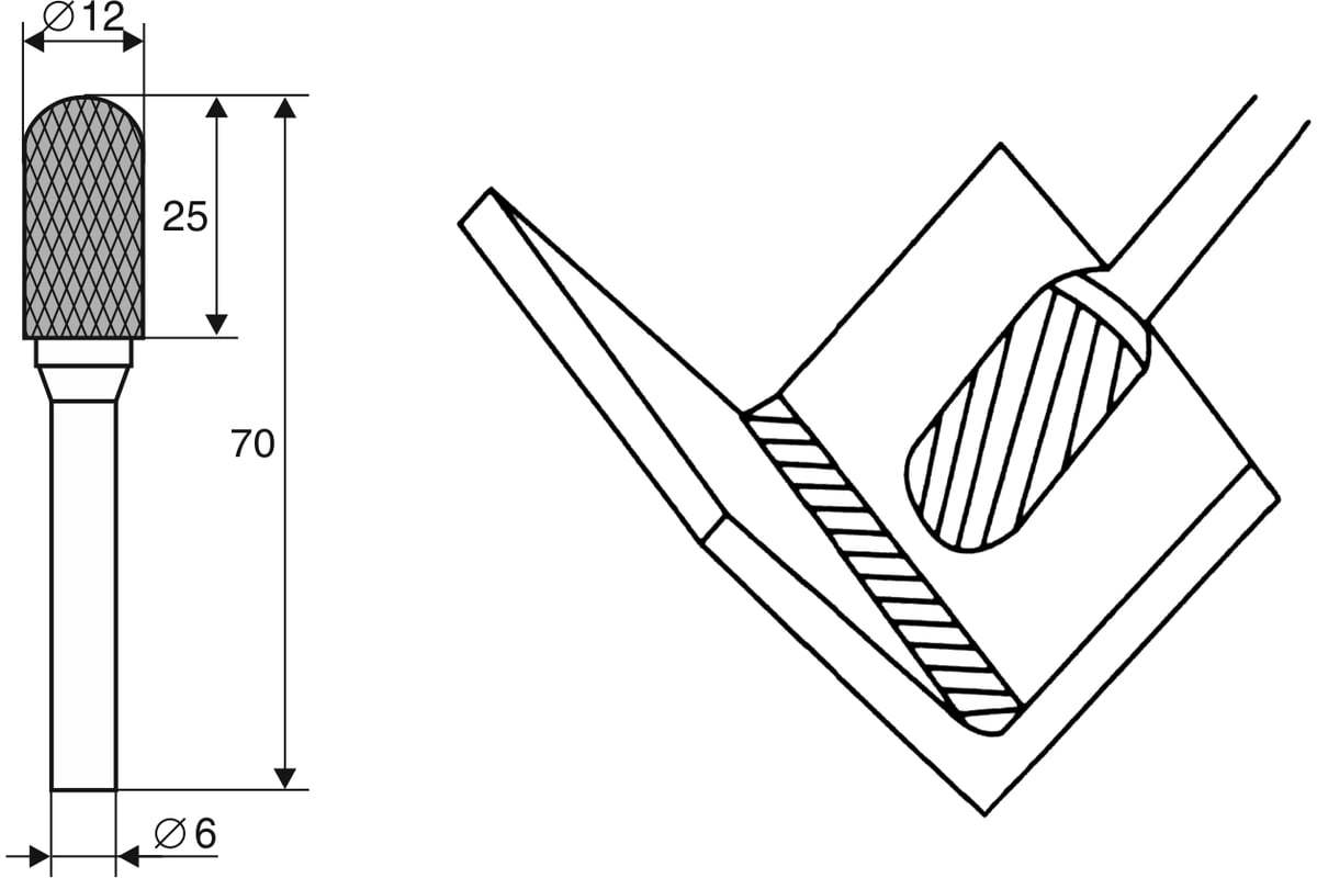 Борфреза цилиндрическая со сферическим концом, форма C, 12x25x6х70 мм ...
