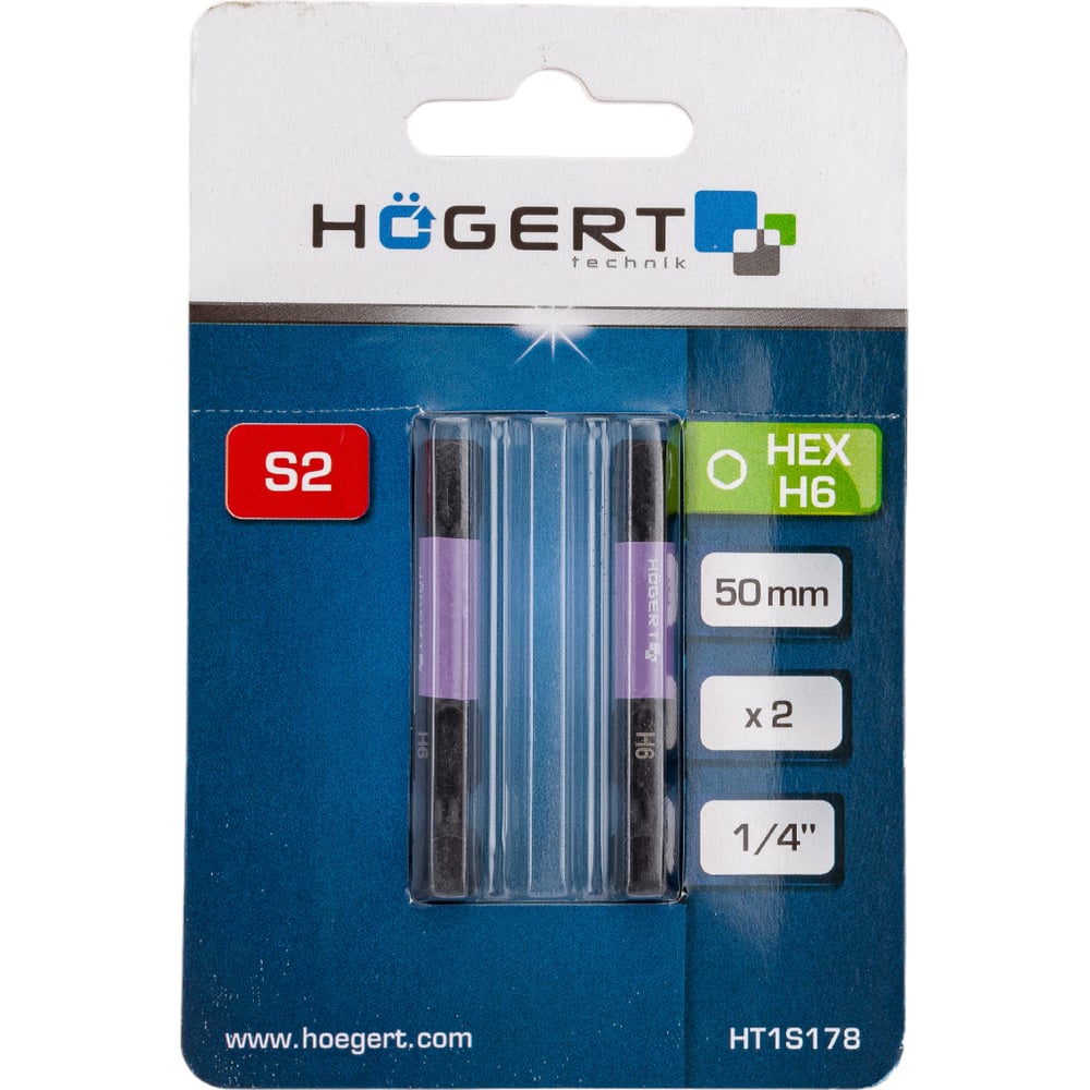 Биты ударные HEX6, 50 мм, сталь S2, 2 шт HOEGERT TECHNIK HT1S178 ...