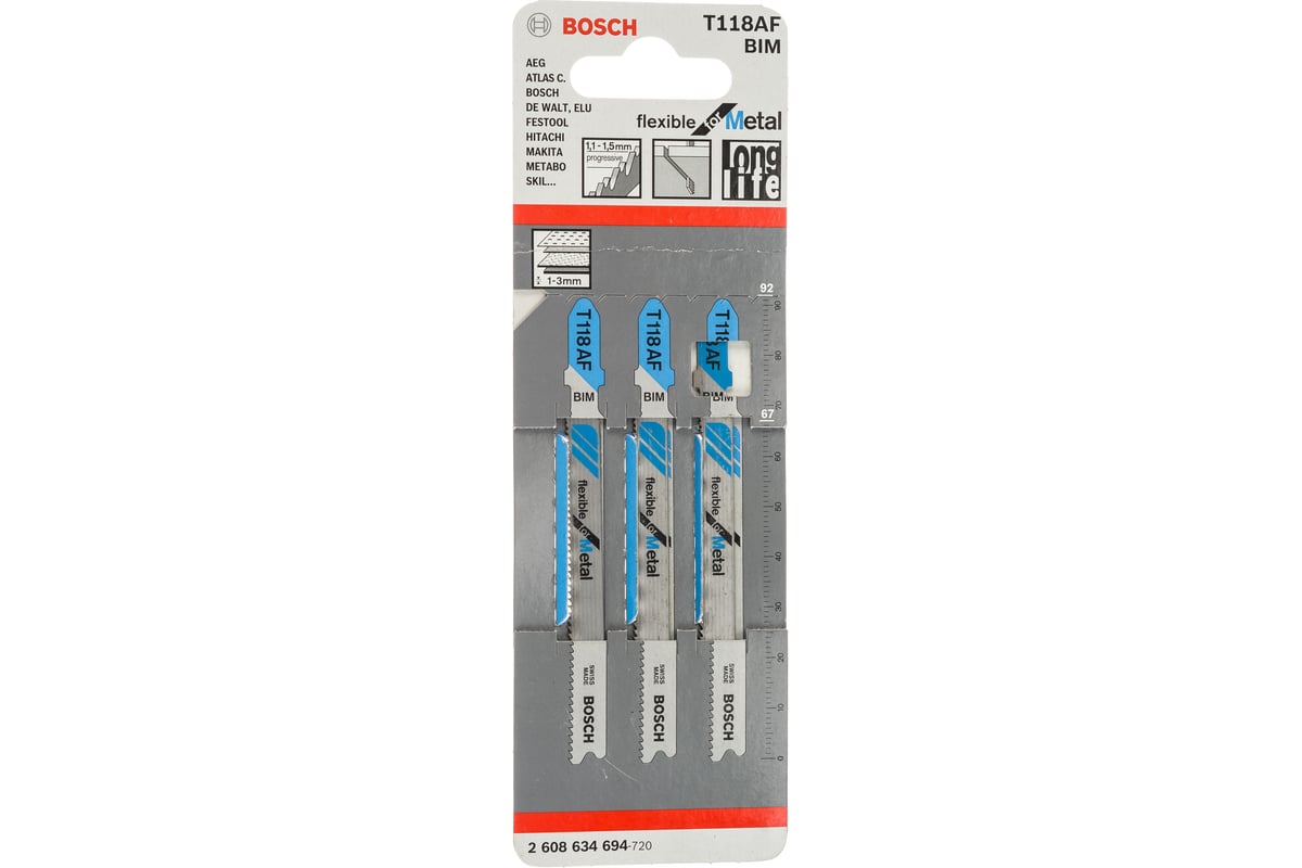 Пилки T118AF для лобзика 3 шт. (67 мм; хвостовик с 1 упором; BIM) BOSCH ...