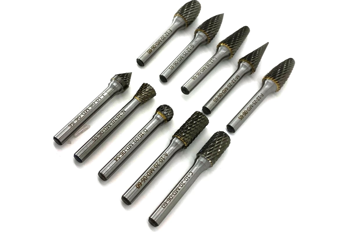 Набор бор-фрез твердосплавных из 10 шт. (A10,C10,D10,E12,F12,G12,J10 ...