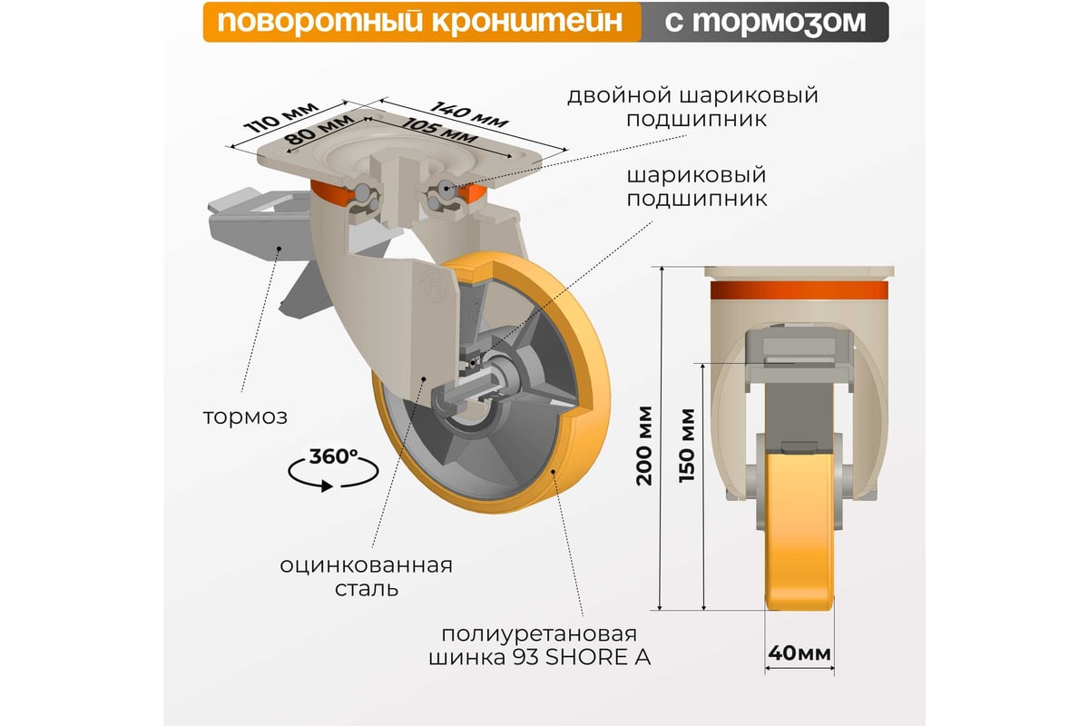 Колесо с вращающейся опорой, пластиной крепления и задним тормозом (150 ...