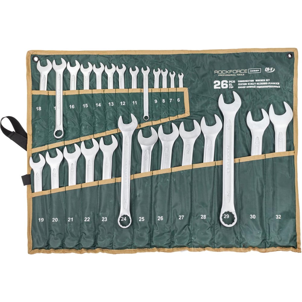 Набор ключей комбинированных Rockforce 15 градусов, 26 предметов (6-30, 32 мм), на полотне RF ...
