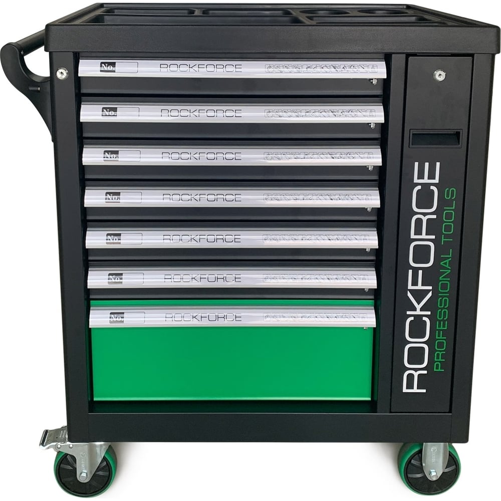 Инструментальная тележка ROCKFORCE 7 секций, с дополнительной боковой секцией, зеленая RF-55299 ...