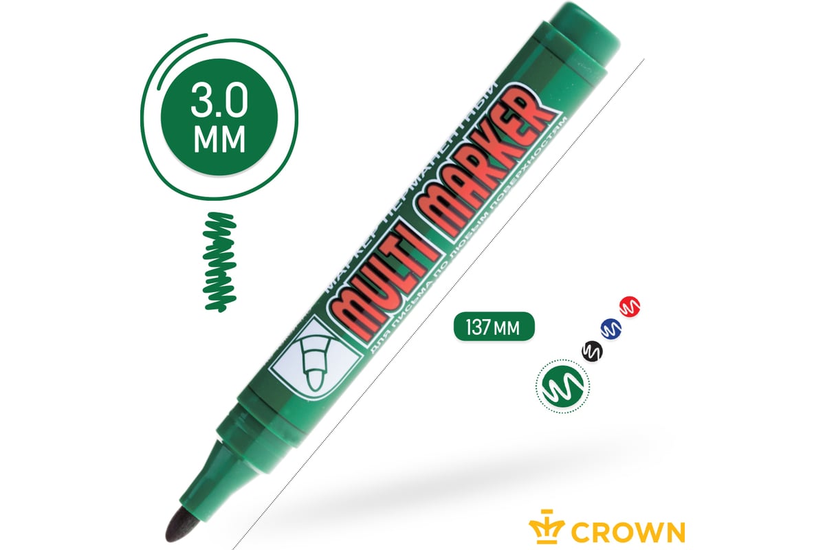 Перманентный маркер Munhwa Crown Multi Marker зеленый, пулевидный, 3мм ...