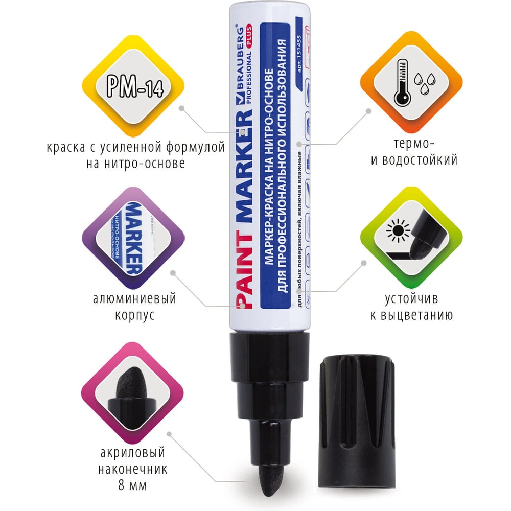 Лаковый маркер-краска BRAUBERG PRO PLUS paint marker 8 мм, черный ...