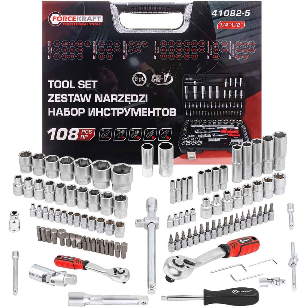 Набор инструментов Forcekraft Profi 108 предметов 1/2,1/4, 6-гранные, 4-32 мм FK-41082-5(16211 ...