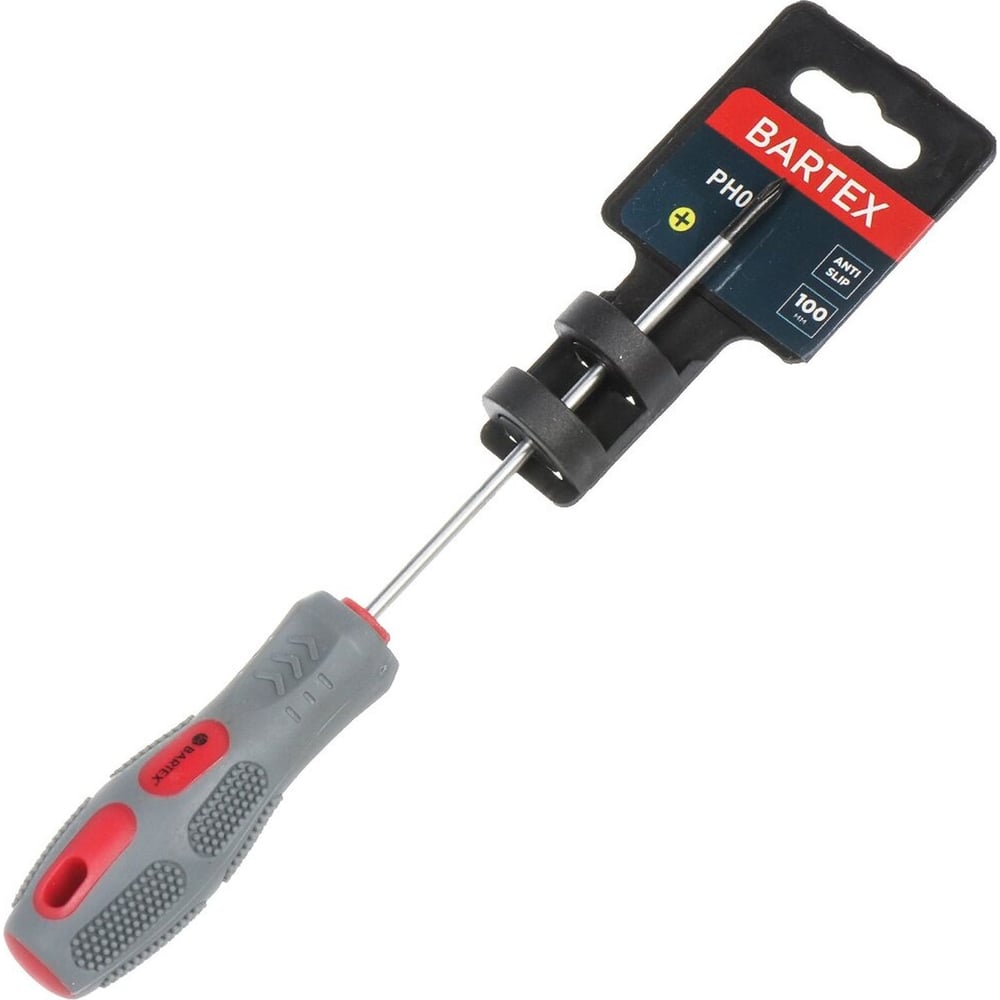 Крестовая отвертка BARTEX PH0x100 мм, антискользящая двухкомпонентная рукоятка, CrV сталь 138271 ...