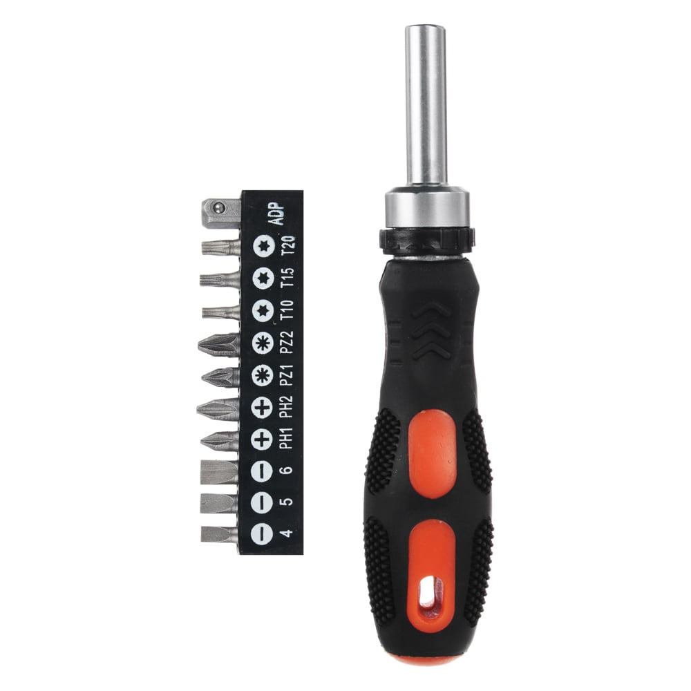 Отвертка ЕРМАК реверсивная, адаптер 1/4, биты: SL4,SL5.5,SL6.5,PH1,PH2,PZ1,PZ2,TORX10,TORX15 ...