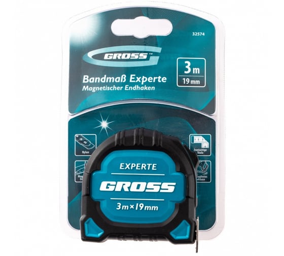 Рулетка GROSS Experte, 3 м x 19 мм, двухкомпонентный корпус, магнит ...