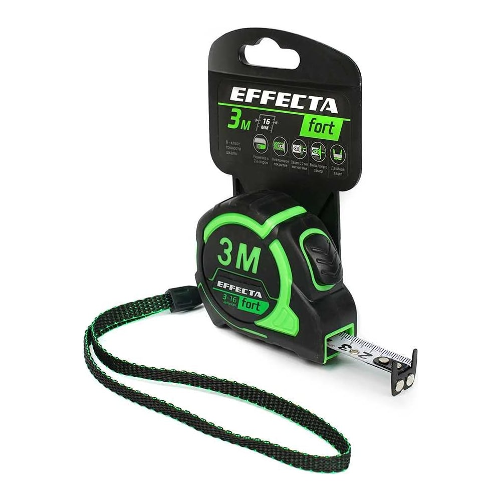 Рулетка EFFECTA Fort 3 м, 16 мм, магнит, автостоп, нейлоновая лента с 2 ...