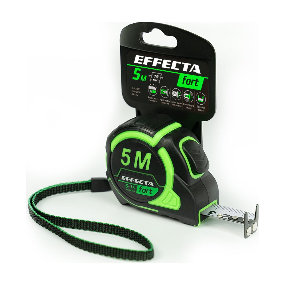 Рулетка EFFECTA Fort 5 м, 19 мм, магнит, автостоп, нейлоновая лента с 2 ...