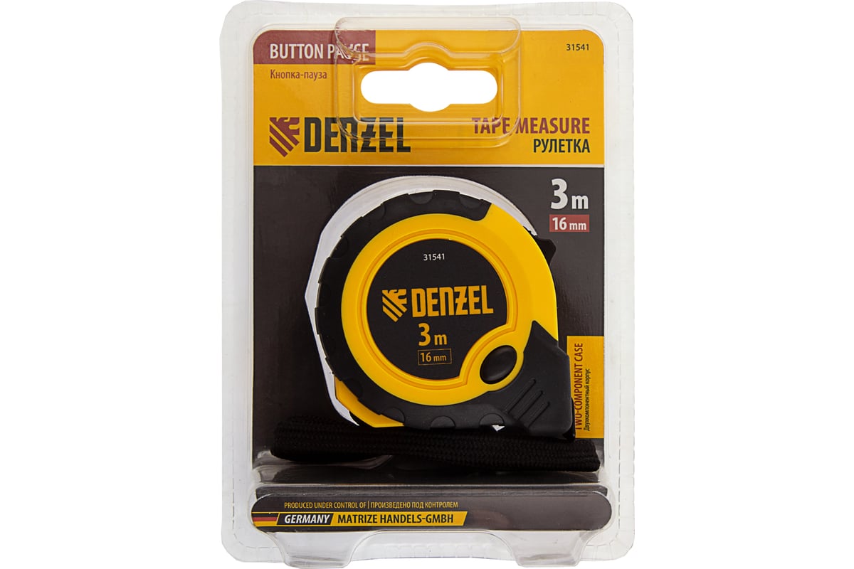 Рулетка Denzel 3 м, 16 мм, двухкомпонентный корпус, кнопка-пауза 31541 ...