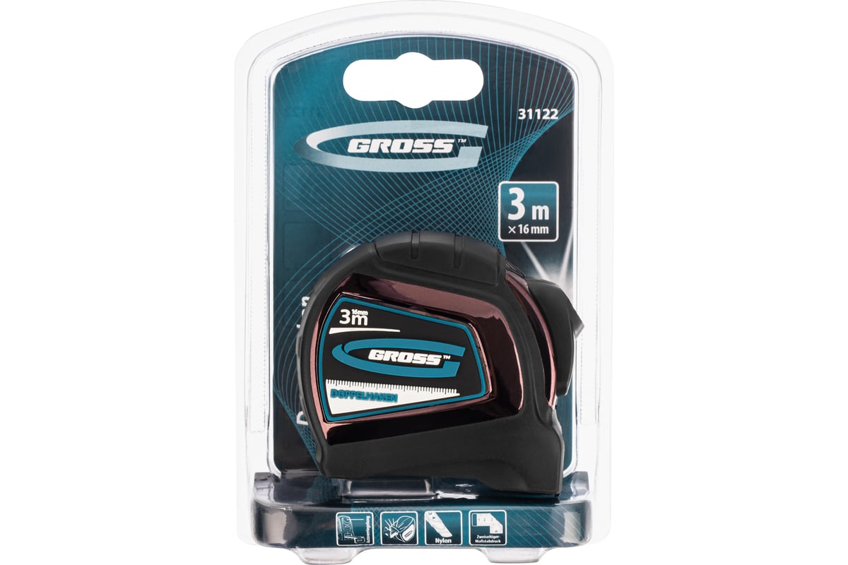 Рулетка GROSS Doppelhaken 3м x 16мм, односторонний зацеп, нейлон ...