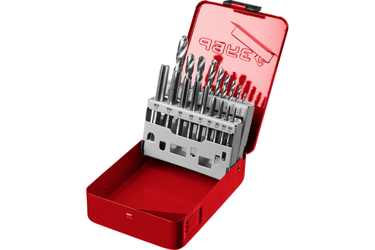 Резьбонарезной набор ЗУБР метчики 9ХС, сверла Р6М5, 18 предметов 28115 ...