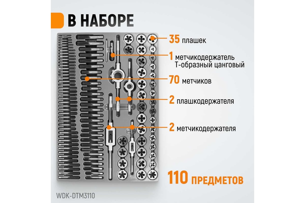 Набор метчиков и плашек М2-М18 WIEDERKRAFT 110 предметов, метрическая ...