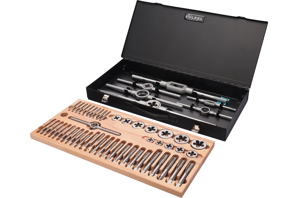 Набор метчиков и плашек VOELKEL UNC/UNF 1/4-3/4 HSS-G 56 предметов ...