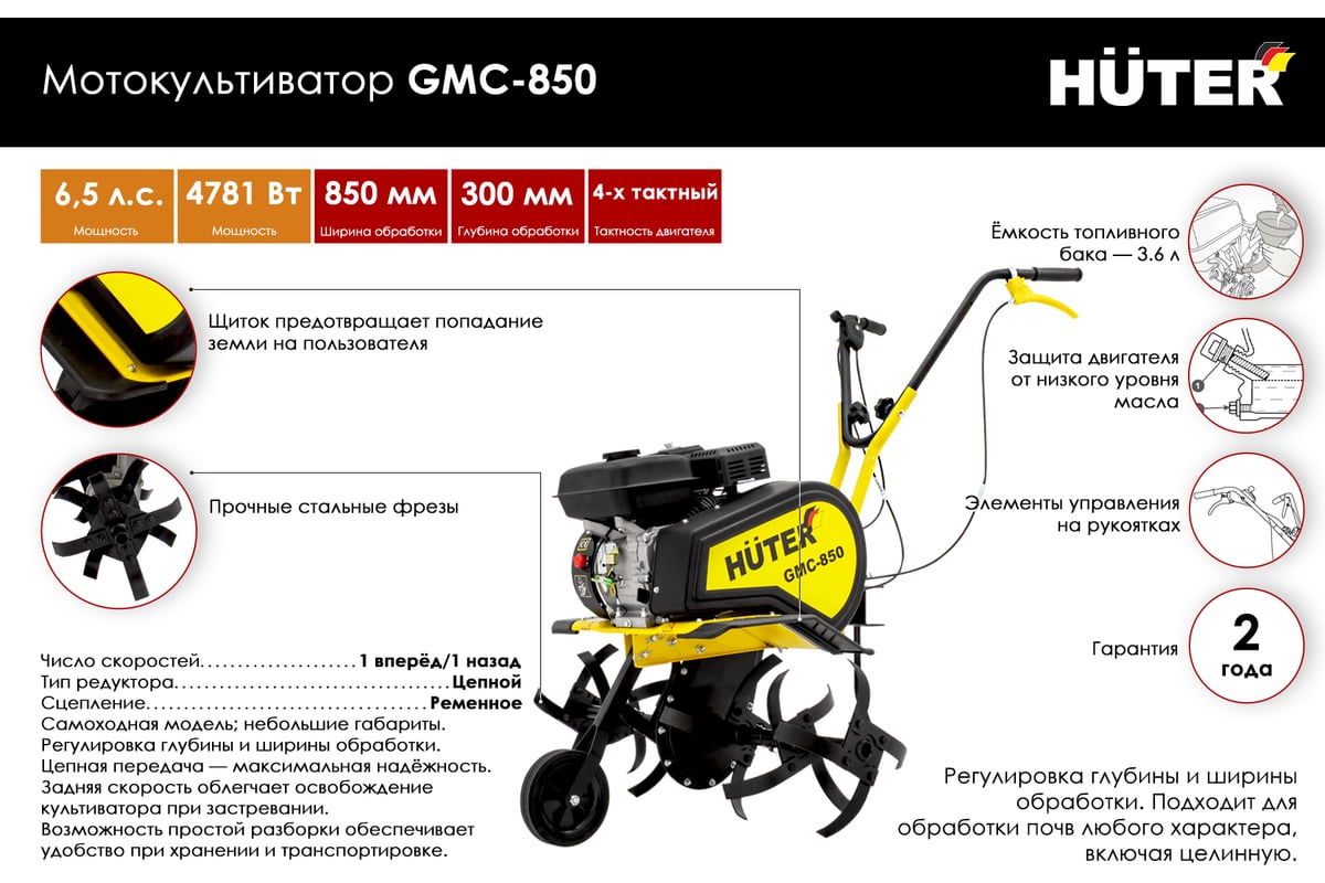 Мотокультиватор Huter GMC-850 70/5/24 - выгодная цена, отзывы, характеристики, 5 видео, фото ...