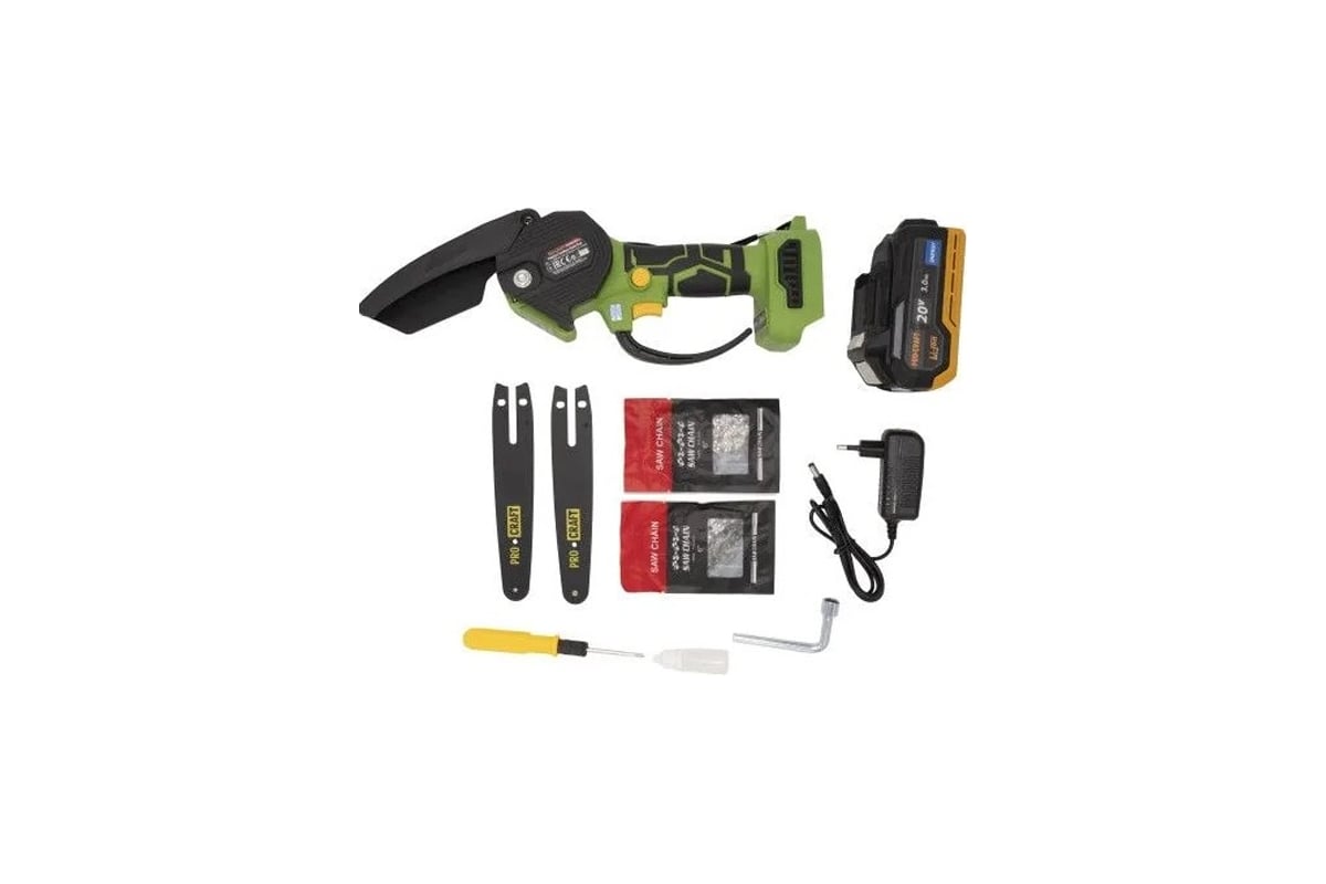 Пила цепная аккумуляторная PROCRAFT АКБ 20В 2Ач+ЗУ, 6'' 15 см, 2 шины+ 2 цепи PKA22Li - выгодная ...