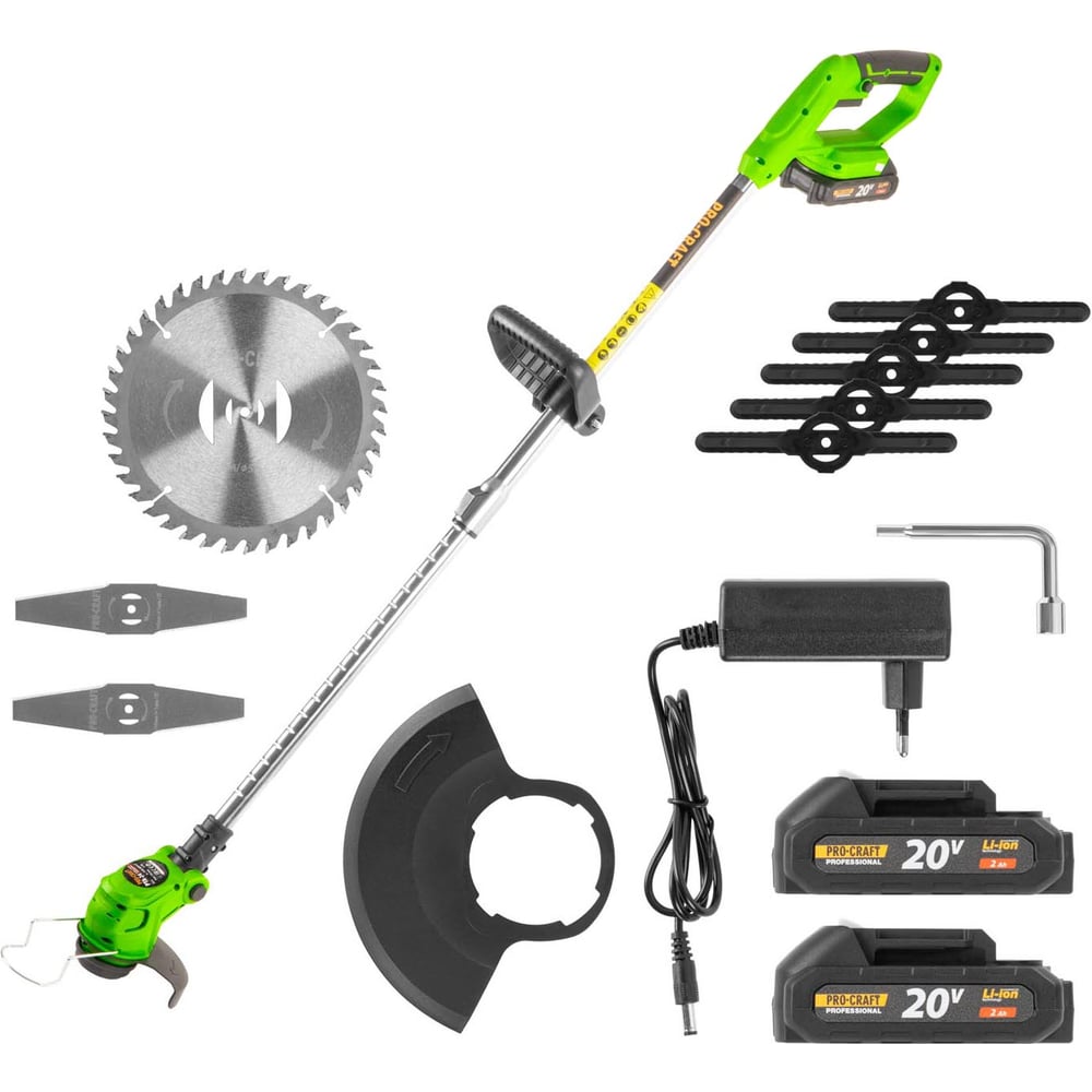 Триммер аккумуляторный Procraft 20В 150 мм 2 АКБ 1, 5 Ач+ЗУ+2х нож+5х ...