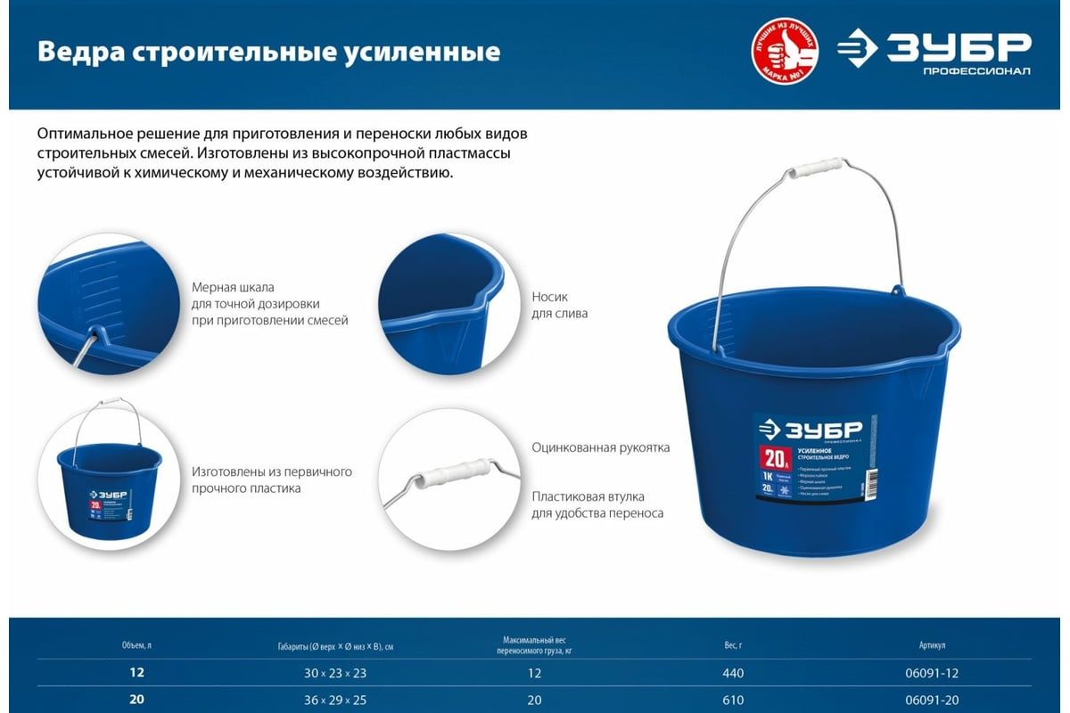 Усиленное строительное пластиковое ведро ЗУБР 20 л 06091-20 - выгодная ...
