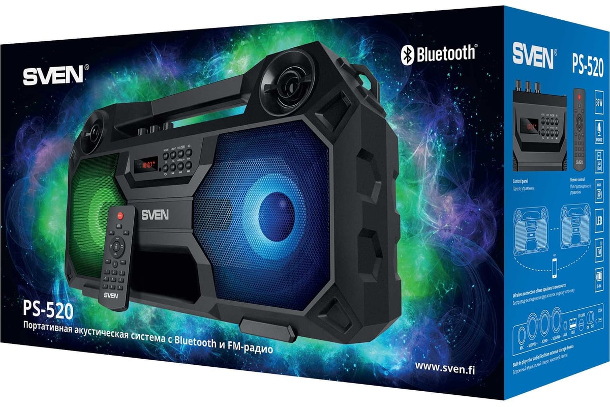 Портативная колонка SVEN АС PS-520 черная, 36 Вт, TWS, Bluetooth, FM ...