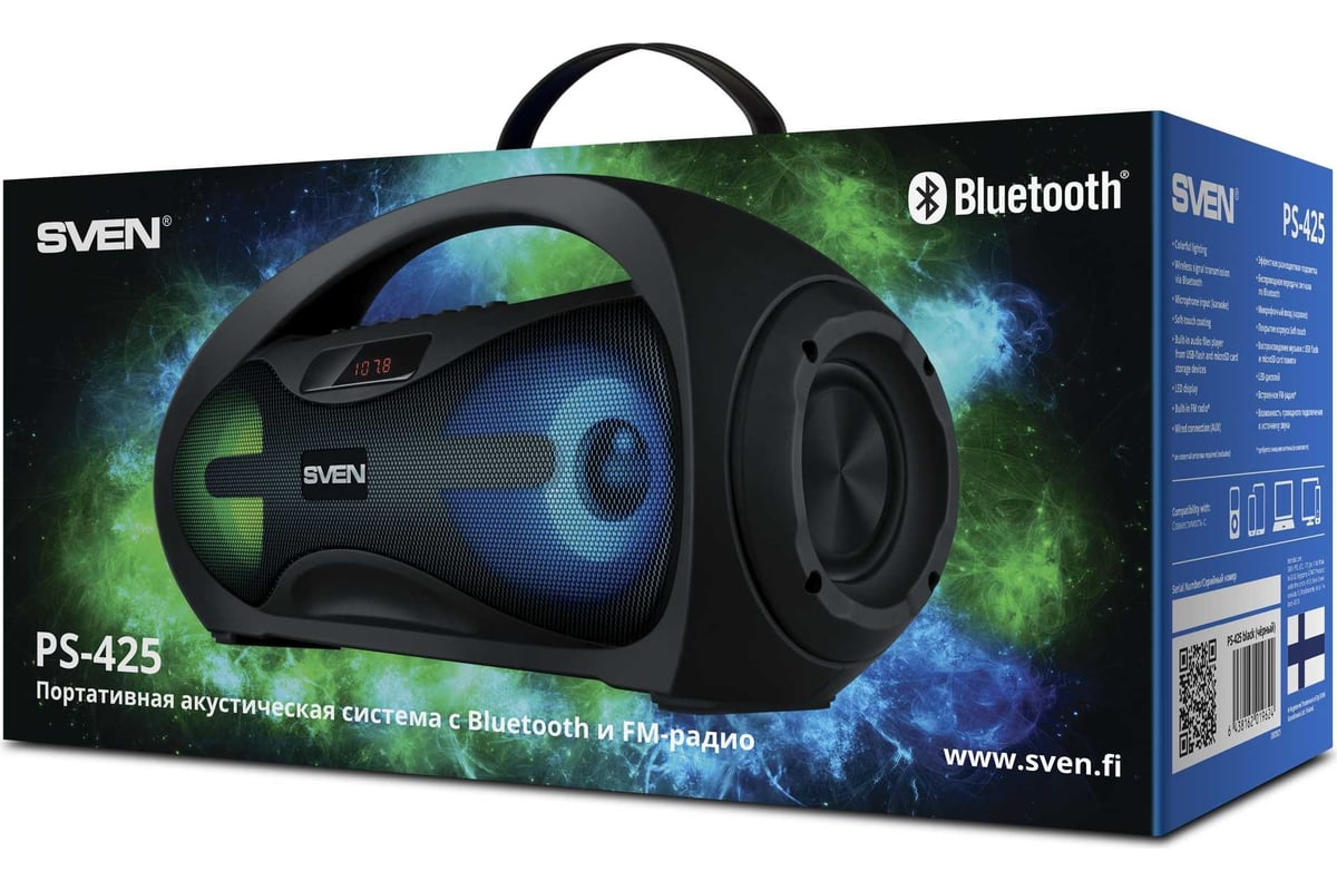 Портативная колонка SVEN АС PS-425 черная, 12 Вт, Bluetooth, FM, USB, microSD, LED-дисплей, 1500 ...