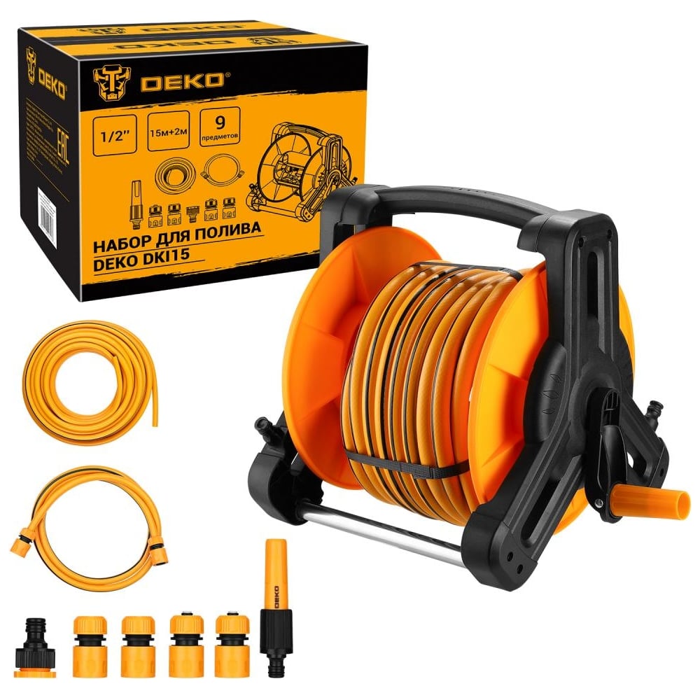 Набор для полива DEKO DKI15 катушка, шланг усиленный 1/2 15 м + 2 м ...