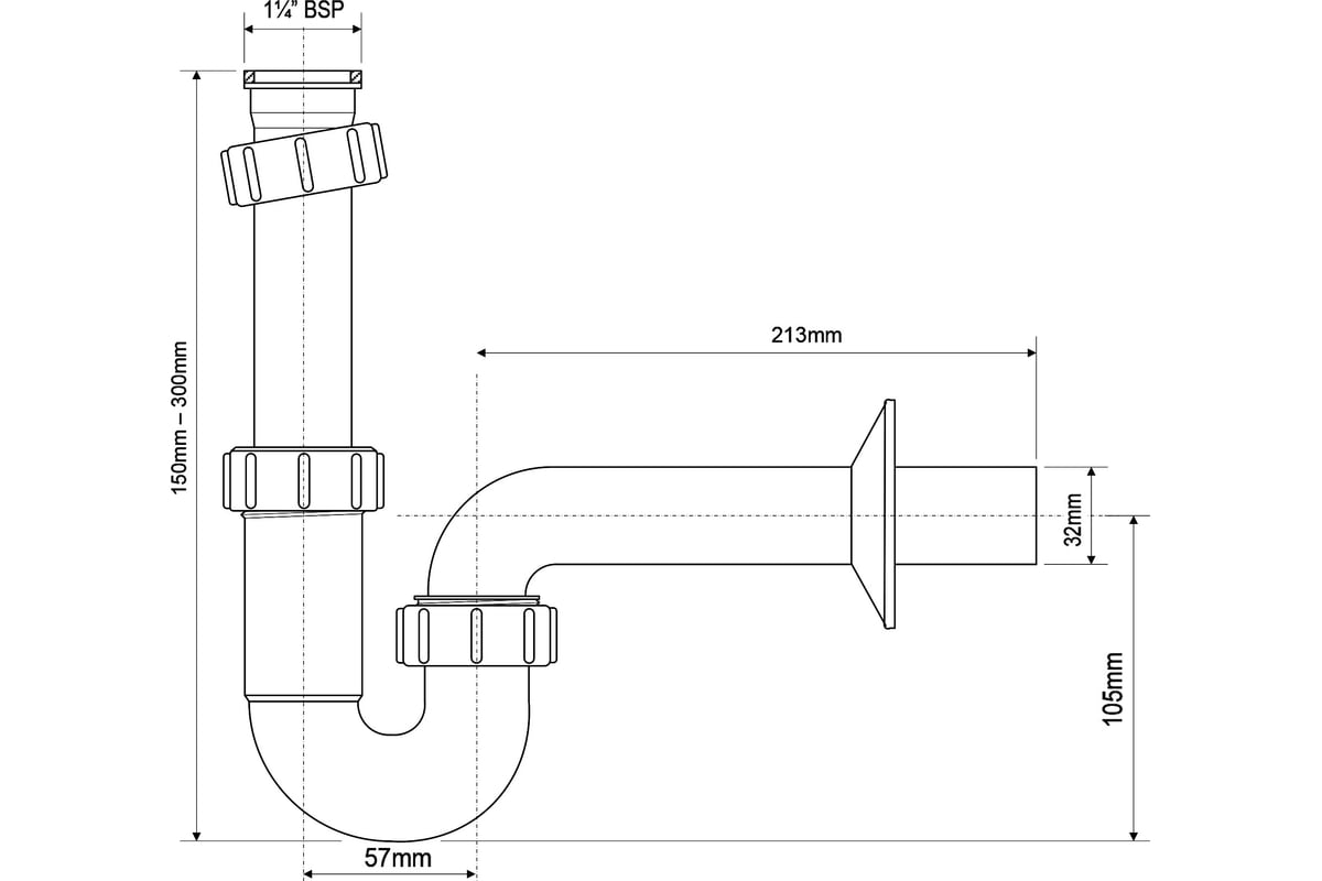 Трубный сифон McAlpine 1 1/4"х32 мм, без выпуска, с отводной трубой D32 мм и отражателем MRW8 ...