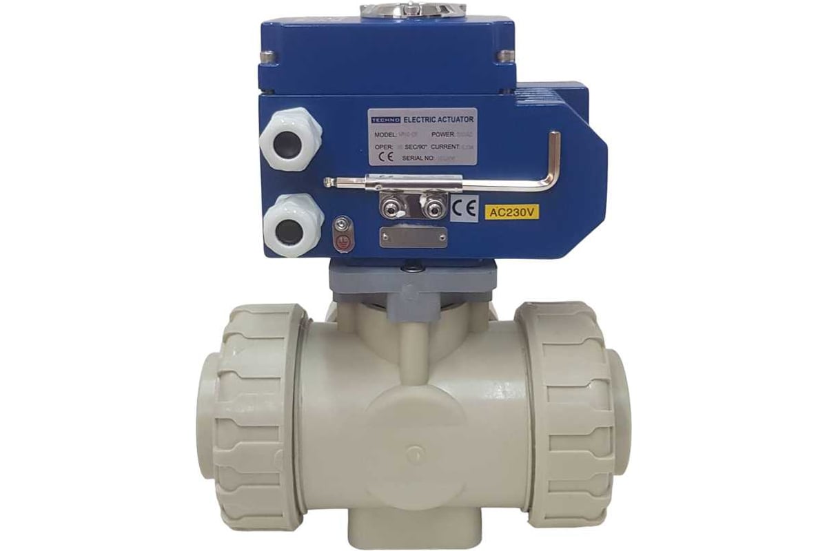 Трехходовой полипропиленовый шаровый кран TECHNO 3050PP-NP50DF230V DN50 ...